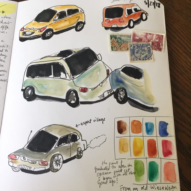 on travel journals, sketchbooks, cars, and confounding street scenes